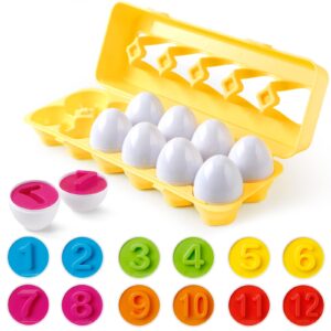 zenbombs 12 matching eggs learning toys, gifts for toddlers, 3+ year old baby montessori toys, color shape recognition skills, preschool educational toy for kids, number