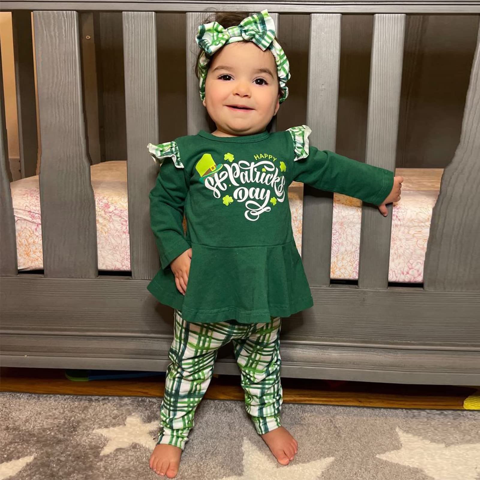 HINTINA Infant Baby Girls St. Saint Patrick's Paddys Day Outfit Ruffle Long Sleeve Clover Shamrock Clothes Set 6-12 Months