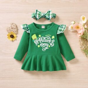 HINTINA Infant Baby Girls St. Saint Patrick's Paddys Day Outfit Ruffle Long Sleeve Clover Shamrock Clothes Set 6-12 Months