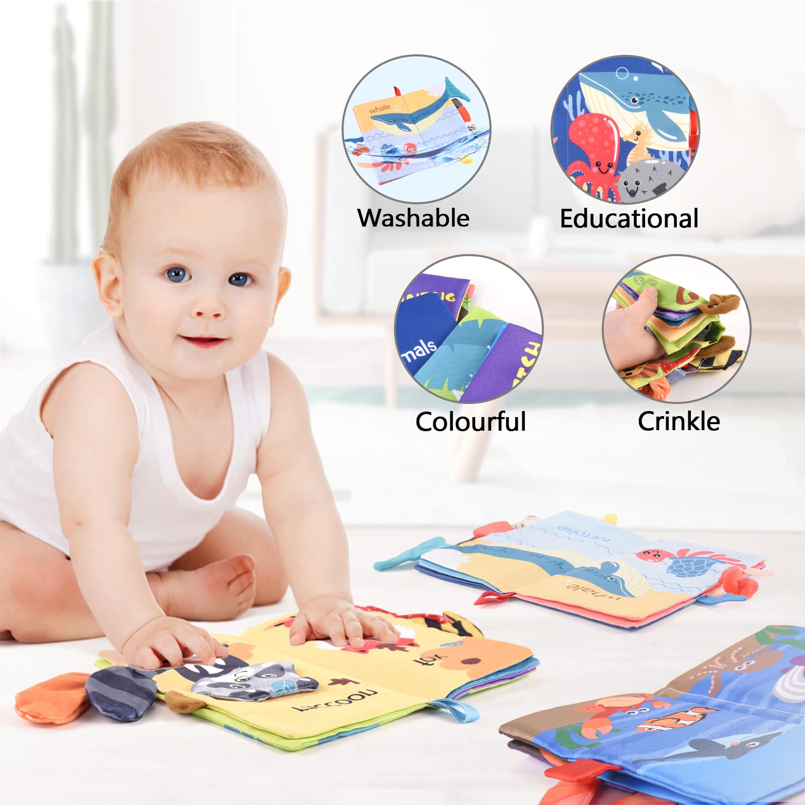 Ailiserno Cloth Books Toy 4 Set -- Sensory Touch Learning Shower with Crinkle Cloth Book for Baby and Toddlers