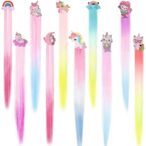 mtlee 10 pcs braiding hair extensions with clips cat rainbow mermaid unicorn accessories for girls straight colored hair clips braided clip colored hair extensions for kids dress supplies