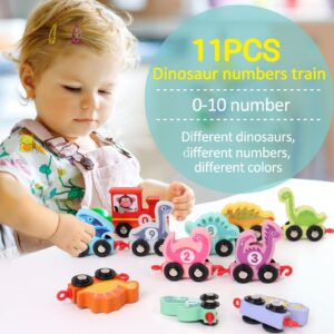 BESTAMTOY Wooden Colorful Dinosaur Number Train Toys Matching Sequencing Games Recognition Educational Learning Counting Set Building Blocks Kit