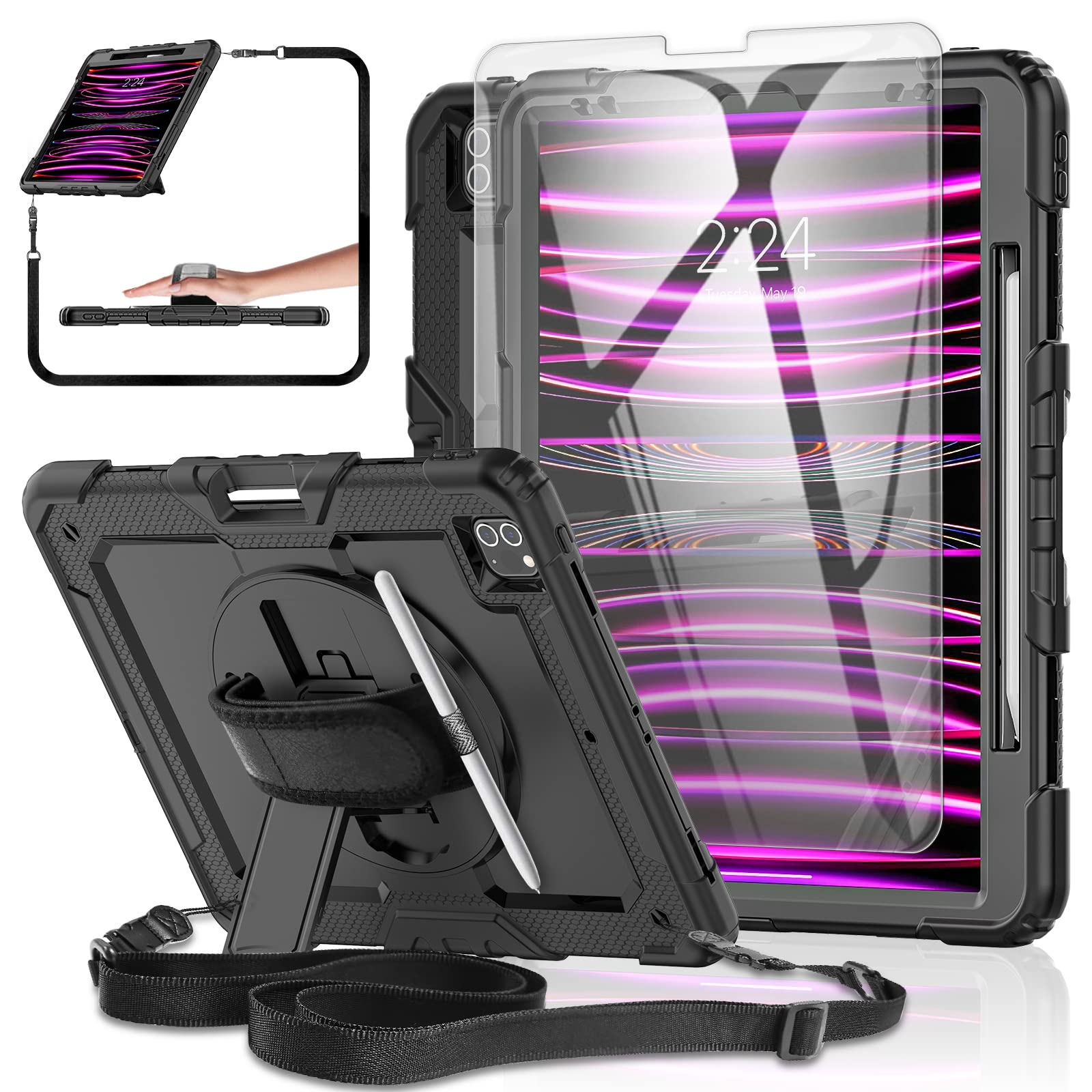 iPad Pro 12.9-inch 6th/5th/4th Generation Case 2022/2021/2020 [with Tempered Glass Screen Protector], BASE MALL Full-Body Protective Case, Pencil Holder,Rotating Kickstand, Hand/Shoulder Strap (Black)