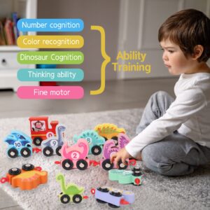 BESTAMTOY Wooden Colorful Dinosaur Number Train Toys Matching Sequencing Games Recognition Educational Learning Counting Set Building Blocks Kit