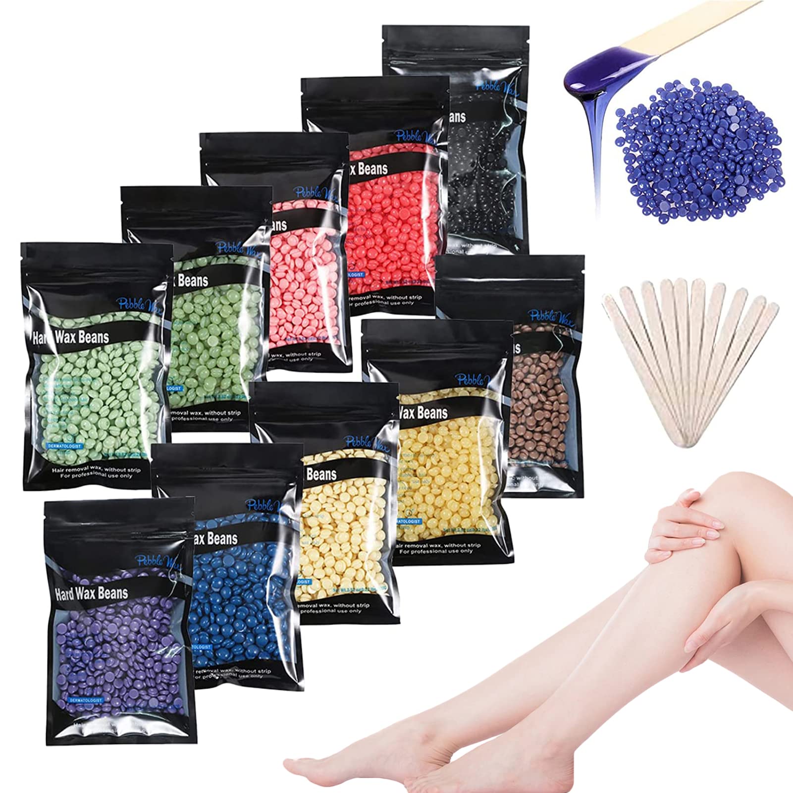 Hard Wax Beads for Hair Removal, 2.2 LB/1000g/35 OZ Total, 10Pcs Hair Removal Wax Beads for Face, Eyebrow, Back, Bikini Areas, At Home Painless Waxing Beads for Women Men