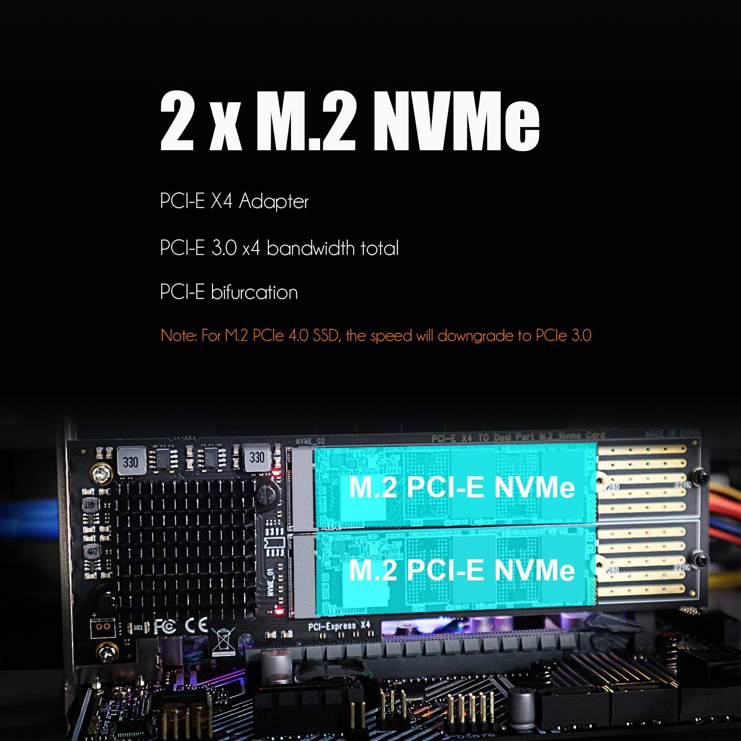 GLOTRENDS PA20 Dual M.2 NVMe to PCIe 3.0 X4 Adapter with PCIe Bifurcation Function, Support 22110/2280/2260/2242/2230 Size