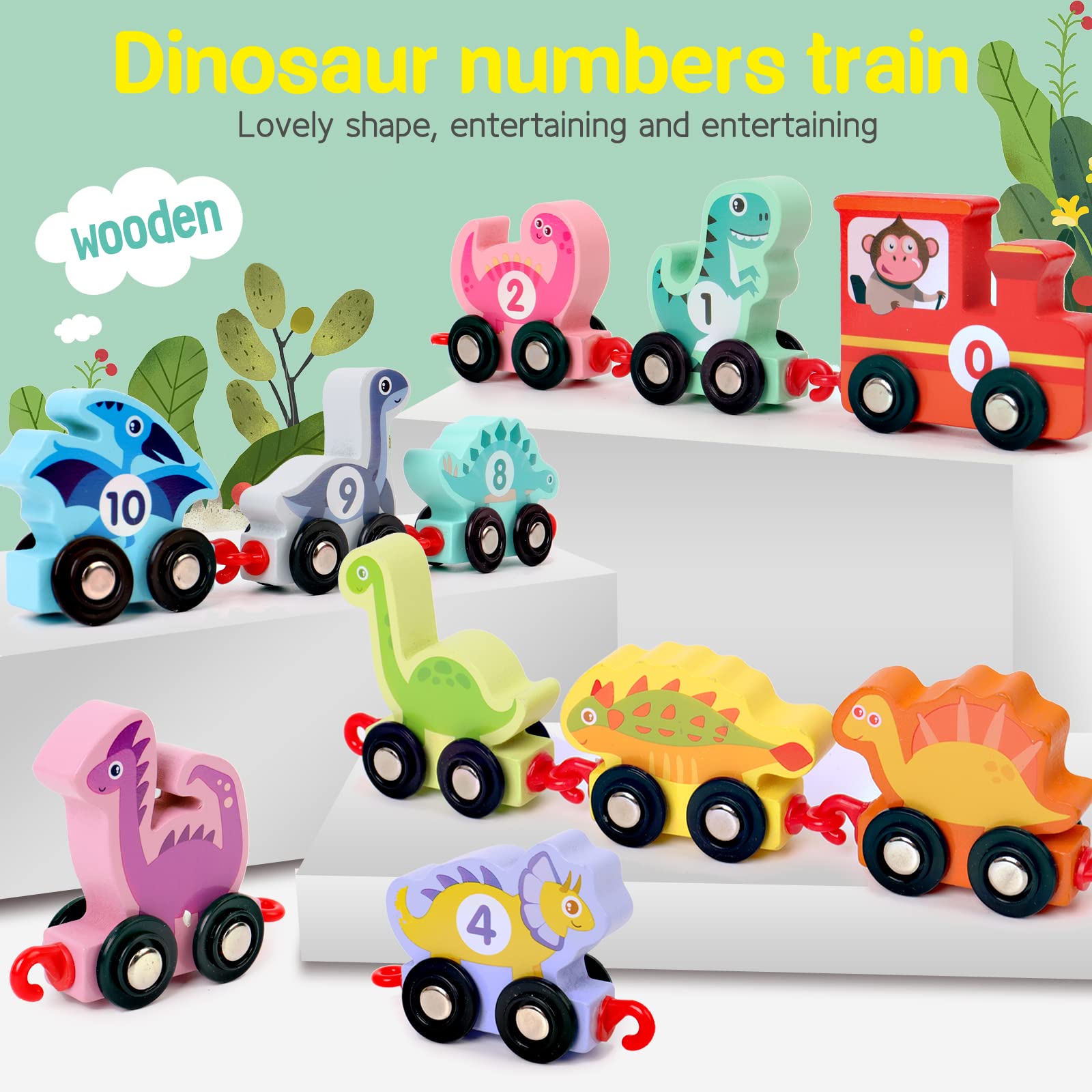 BESTAMTOY Wooden Colorful Dinosaur Number Train Toys Matching Sequencing Games Recognition Educational Learning Counting Set Building Blocks Kit