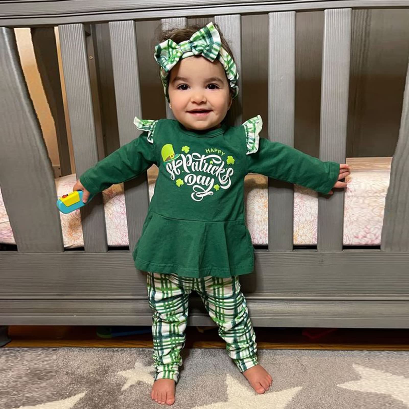 HINTINA Infant Baby Girls St. Saint Patrick's Paddys Day Outfit Ruffle Long Sleeve Clover Shamrock Clothes Set 6-12 Months