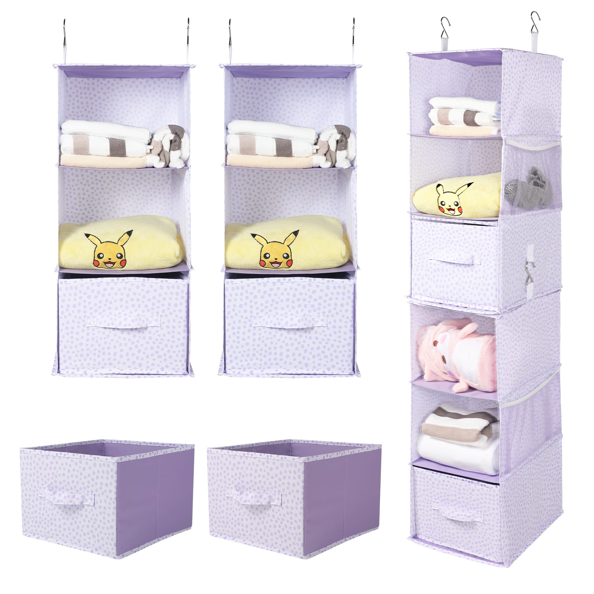 DAYDAYHOME Hanging Closet Organizer with Drawers, Two 3-Shelf Separable Closet Organizers and Storage, Nursery Hanging Storage Organizer for Closet,Child/Kids Room (Purple 6 Shelves)