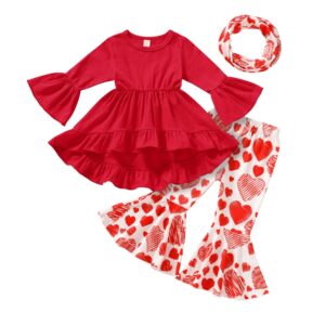 younger tree toddler girl kids valentine's day outfits long sleeve pullover red tops + heart bell bottom 3pcs clothes sets (red, 4t-5t)