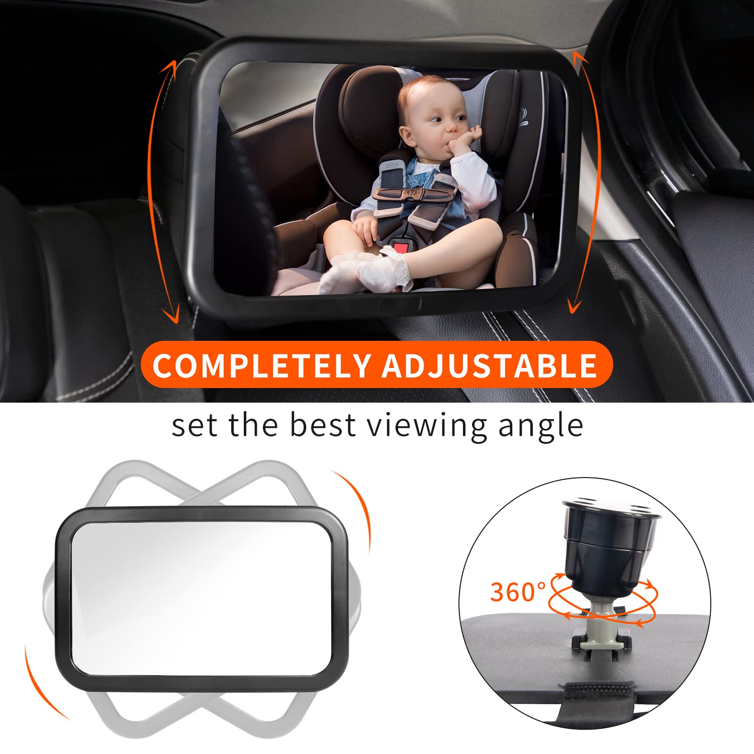 Baby Car Mirror for Car Seat Rear Facing,Large Safety Car Seat Mirror for Rear Facing Infant Child with Wide Crystal Clear View - Shatterproof 360° Adjustable Baby Mirror for Back Seat Rear Facing