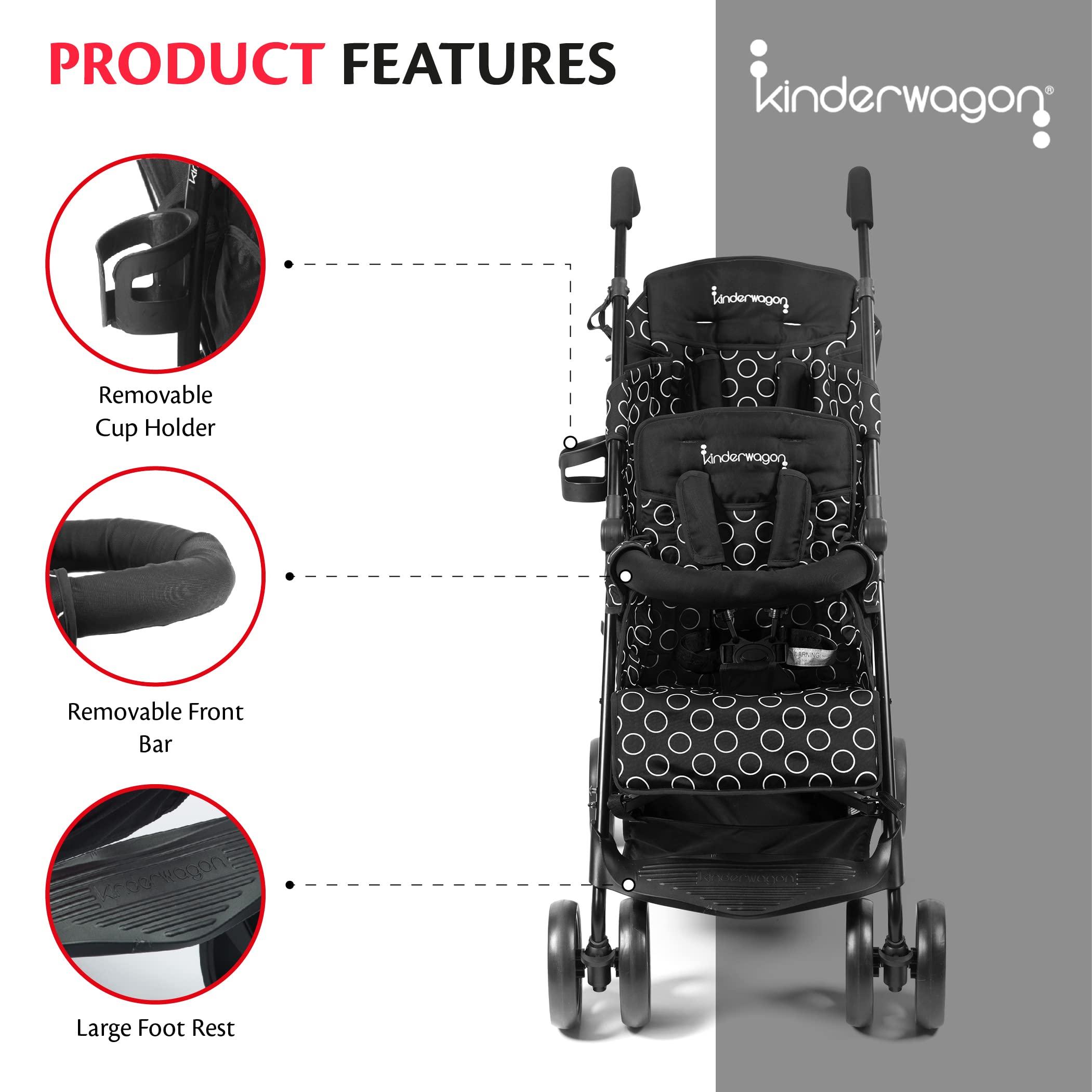 Kinderwagon HOP Lightweight Double Stroller - Umbrella Stroller, Twin Stroller Compatible with One Infant Car Seat, Smooth Infant and Toddler Double Stroller, Includes Rain Cover & Cup Holder (Black)