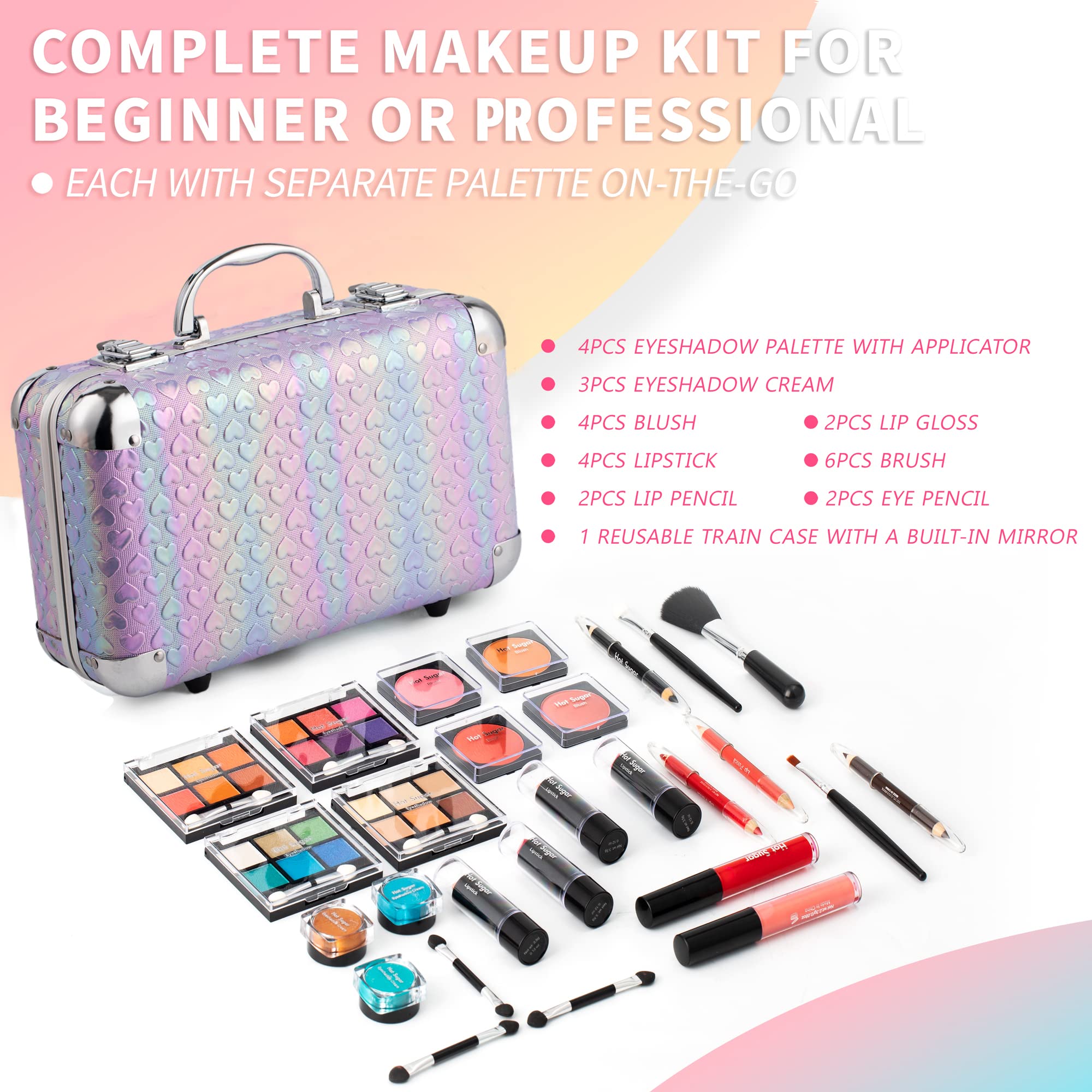 Hot Sugar All In One Makeup Set for Teenager Girls 10-12 Full Makeup Kit for Beginners Includes Eye Shadow Palette Blush Lip Gloss Lipstick Eye Pencil Brush Mirror (Purple Heart)