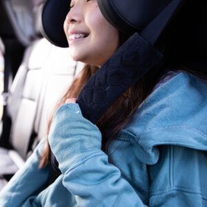 Gekko and Co. Car Headrest Neck Support Pillow Bundled with Padded Seat Belt Cover — Premium Adjustable Travel Pillows for Head, Shoulder, and Back Pain to Support Kids, Toddler, or Adult (Black)