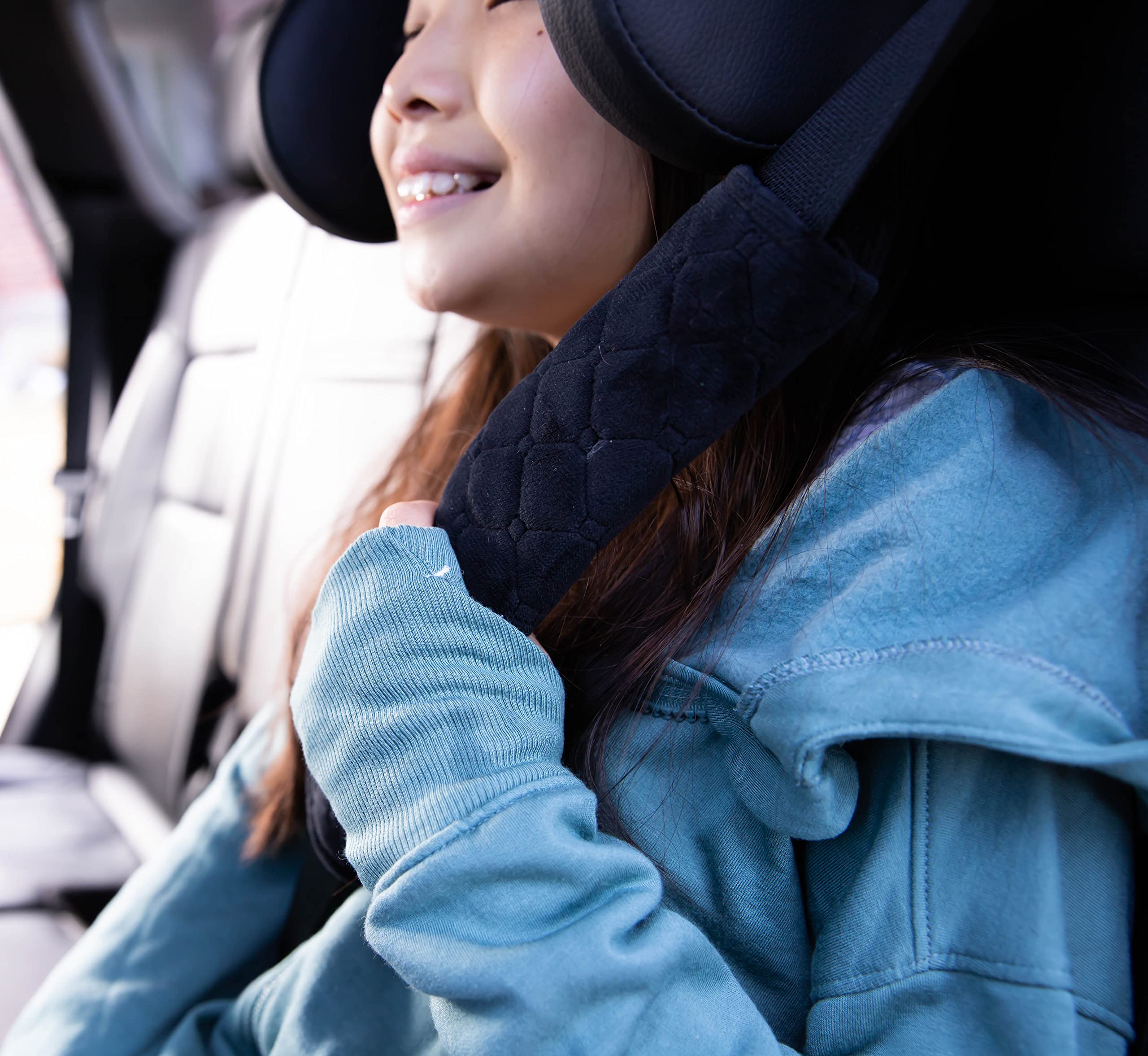 Gekko and Co. Car Headrest Neck Support Pillow Bundled with Padded Seat Belt Cover — Premium Adjustable Travel Pillows for Head, Shoulder, and Back Pain to Support Kids, Toddler, or Adult (Black)