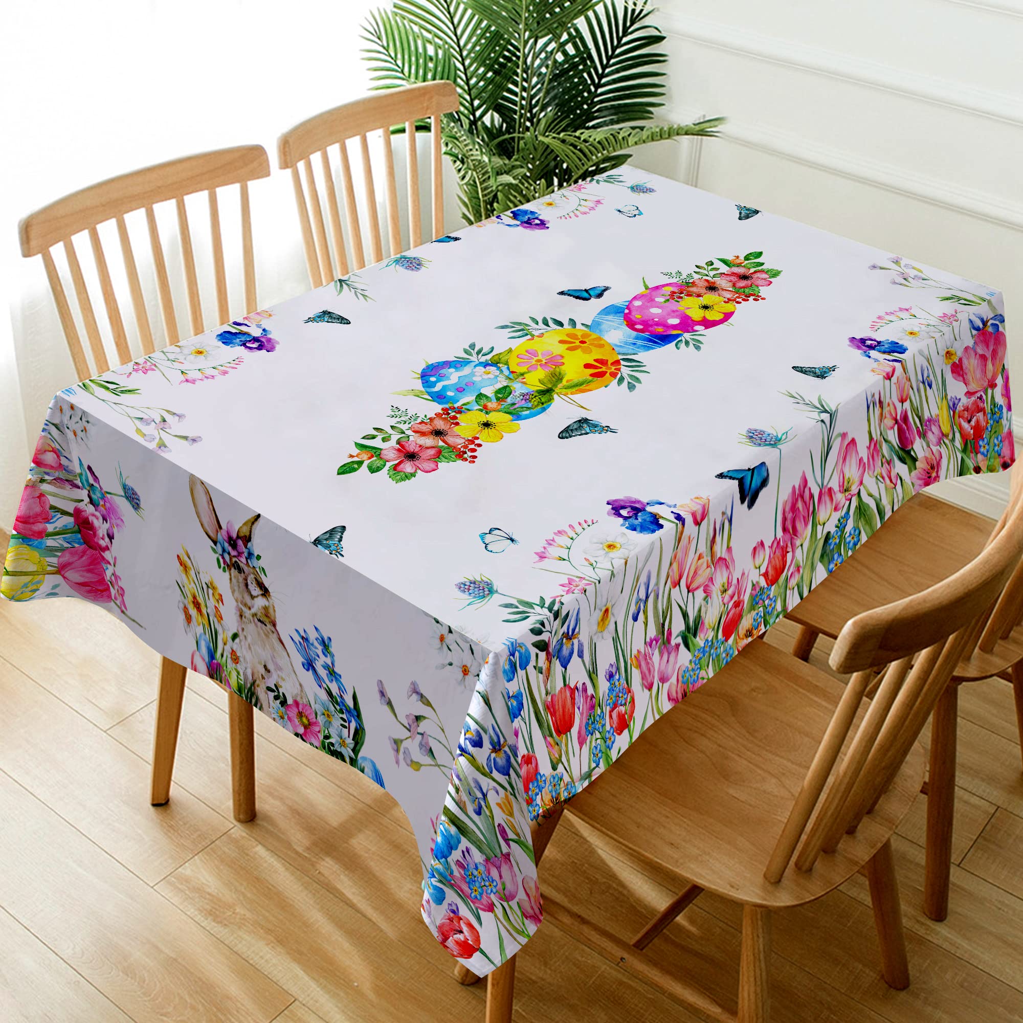 Pinatas Easter Tablecloth 60x120 Rectangle, Spring Flower Dining Easter Table Decor, Easter Table Cloth with Bunny Flower, Multi-use Washable Polyester Spring Tablecloth for Home Party Dining Picnic