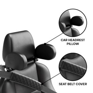 Gekko and Co. Car Headrest Neck Support Pillow Bundled with Padded Seat Belt Cover — Premium Adjustable Travel Pillows for Head, Shoulder, and Back Pain to Support Kids, Toddler, or Adult (Black)