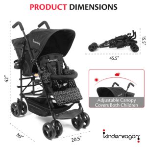 Kinderwagon HOP Lightweight Double Stroller - Umbrella Stroller, Twin Stroller Compatible with One Infant Car Seat, Smooth Infant and Toddler Double Stroller, Includes Rain Cover & Cup Holder (Black)