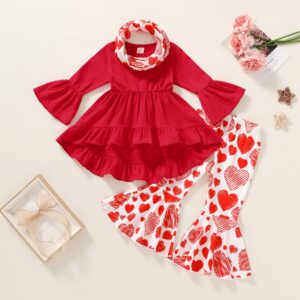 YOUNGER TREE Toddler Girl Kids Valentine's Day Outfits Long Sleeve Pullover Red Tops + Heart Bell Bottom 3Pcs Clothes Sets (Red, 4T-5T)