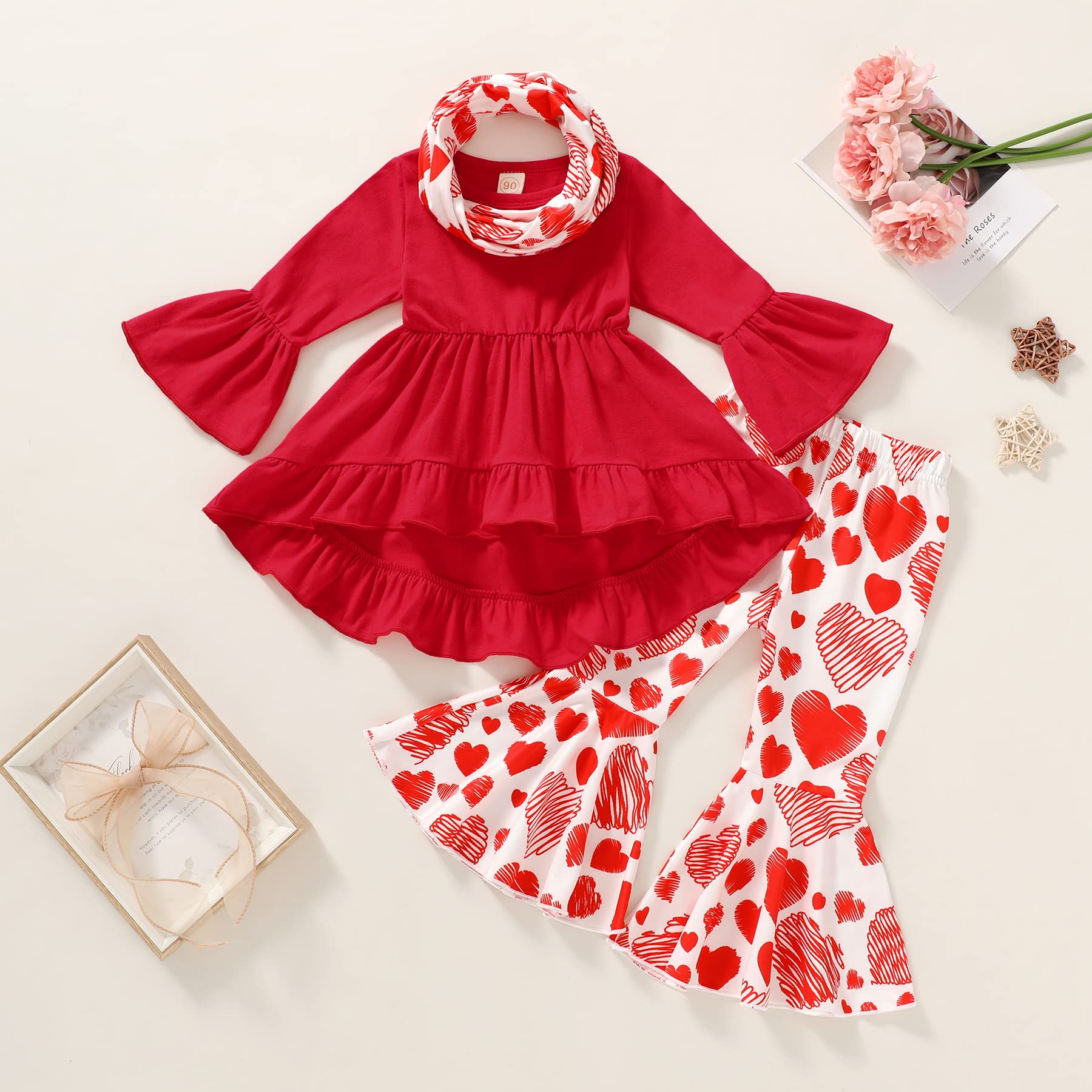 YOUNGER TREE Toddler Girl Kids Valentine's Day Outfits Long Sleeve Pullover Red Tops + Heart Bell Bottom 3Pcs Clothes Sets (Red, 4T-5T)