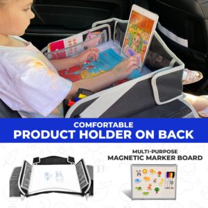 Activitee time Kids Car Seat Tray for Travel - Toddler Road Trip Essentials, Portable Lap Table for Eating & Activities - Must Haves Travel Accessories, w/Multiple Pockets for Toys - Ages 2-8, Gray