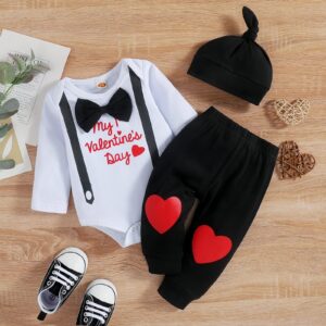 CETEPY Baby Boy Girl Clothes Romper Outfits 3Pcs Newborn Infant Clothing Long Sleeve My First Valentine Day Black Pants 0-3 Months 70cm