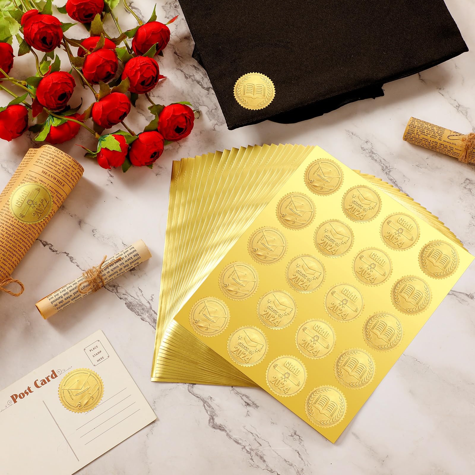 Spakon 500 Pcs Graduation Envelope Seals Stickers Class of 2024 Grad Cap Diploma Certificate Seals Graduation Stickers for Envelopes Diplomas Certificates Award(Gold)