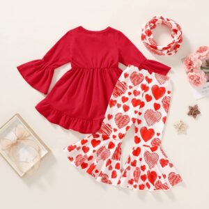 YOUNGER TREE Toddler Girl Kids Valentine's Day Outfits Long Sleeve Pullover Red Tops + Heart Bell Bottom 3Pcs Clothes Sets (Red, 4T-5T)