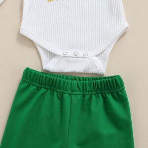 Comeonze My First St. Patrick's Day Newborn Baby Girl Outfits 3Pcs Clover Print Lantern Sleeve Romper Flared Pants Headband (green,0-3 months)