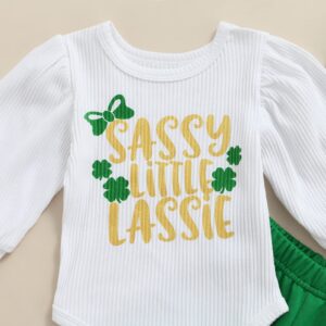 Comeonze My First St. Patrick's Day Newborn Baby Girl Outfits 3Pcs Clover Print Lantern Sleeve Romper Flared Pants Headband (green,0-3 months)