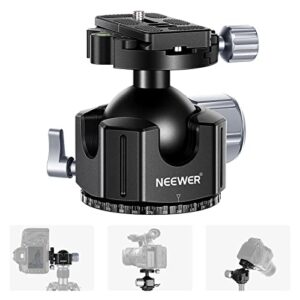 neewer low profile dslr camera tripod ball head, 44mm all metal panoramic camera mount tripod head with 1/4” quick release plate for dslr camera/camcorder, tripod, monopod, slider, max load 55lb/25kg