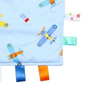 Blue Baby Comforter Blanket - Multi Coloured Airplane Security Blanket with Plain Blue Textured Underside