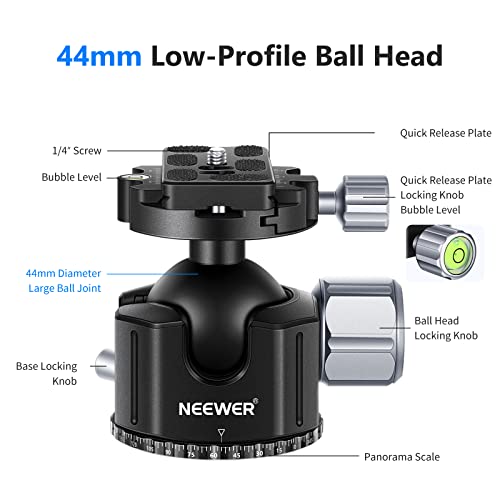 Neewer Low Profile DSLR Camera Tripod Ball Head, 44mm All Metal Panoramic Camera Mount Tripod Head with 1/4” Quick Release Plate for DSLR Camera/Camcorder, Tripod, Monopod, Slider, Max Load 55lb/25kg