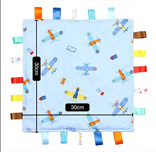 Blue Baby Comforter Blanket - Multi Coloured Airplane Security Blanket with Plain Blue Textured Underside