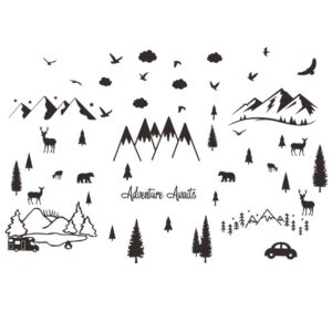 anfrjji forest theme wall decals - dreamy forest with pine tree, deer, and bears - wild mountain & jungle rv camping wall sticker - adventure awaits wall art | pvc removable wall decals for children's room decor effect 27"x38" inches jwh206 (black rv camp