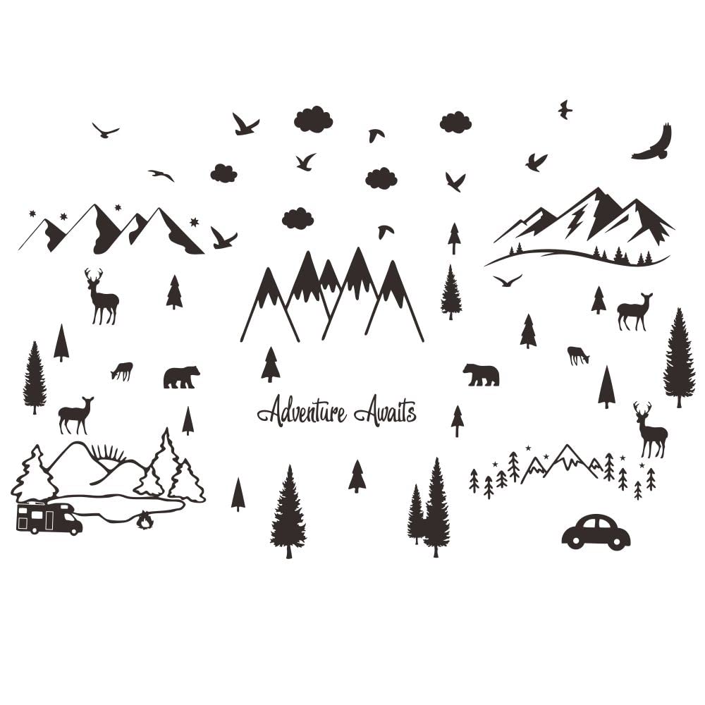 ANFRJJI Forest Theme Wall Decals - Dreamy Forest with Pine Tree, Deer, and Bears - Wild Mountain & Jungle RV Camping Wall Sticker - Adventure Awaits Wall Art | PVC Removable Wall Decals for Children's Room Decor effect 27"x38" Inches JWH206 (black RV camp