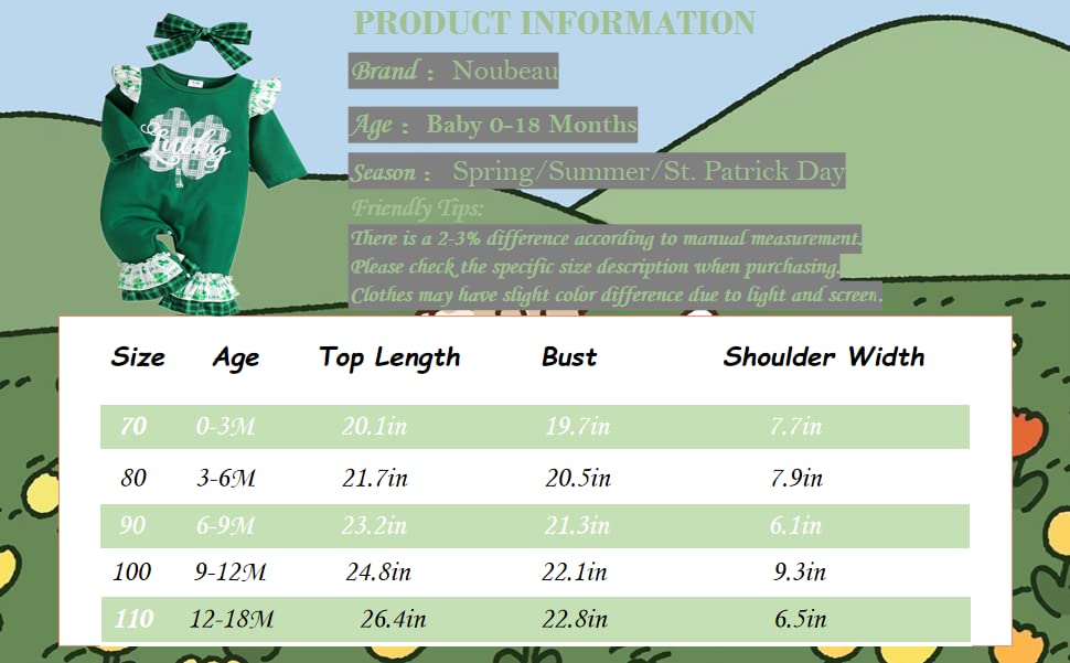 Newborn Baby Girls Ruffle Jumpsuit Long Sleeve Clover Romper One-Piece St. Patrick Day Outfits+Headband (0-3 Months, Green)