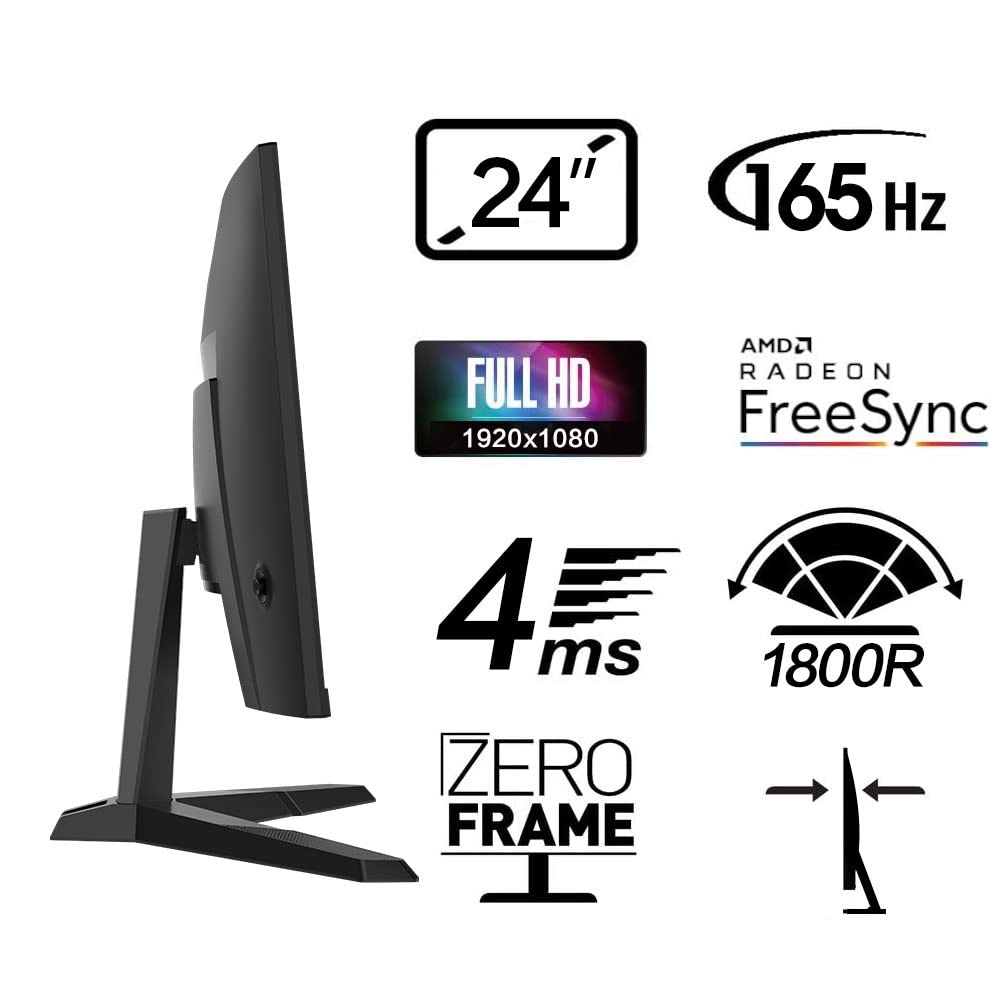 HKC 24 inch 165Hz/144Hz Curved Gaming Monitor, FHD 1080P Frameless Computer Monitor, Support AMD FreeSync, Eye Cared, VESA Compatible, Dp HDMI,Black,Tilt Adjustable,3 Years Warranty