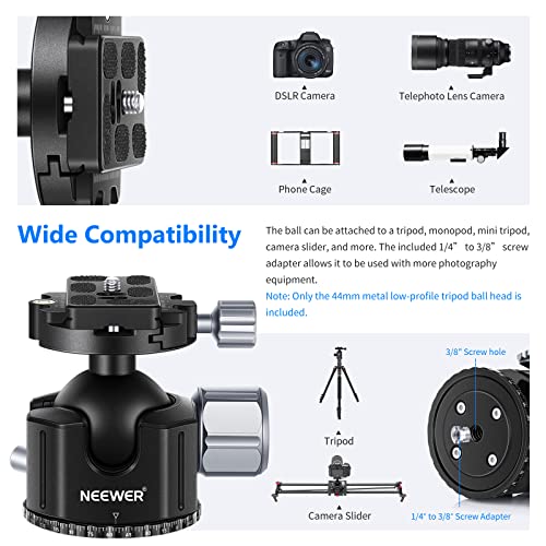 Neewer Low Profile DSLR Camera Tripod Ball Head, 44mm All Metal Panoramic Camera Mount Tripod Head with 1/4” Quick Release Plate for DSLR Camera/Camcorder, Tripod, Monopod, Slider, Max Load 55lb/25kg