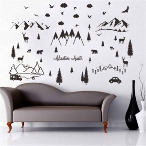 ANFRJJI Forest Theme Wall Decals - Dreamy Forest with Pine Tree, Deer, and Bears - Wild Mountain & Jungle RV Camping Wall Sticker - Adventure Awaits Wall Art | PVC Removable Wall Decals for Children's Room Decor effect 27"x38" Inches JWH206 (black RV camp