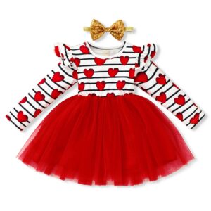 baby girls valentine's day outfits long sleeve stripe heart print tutu skirts ruffle dress toddler girl clothes(red,5-6t)