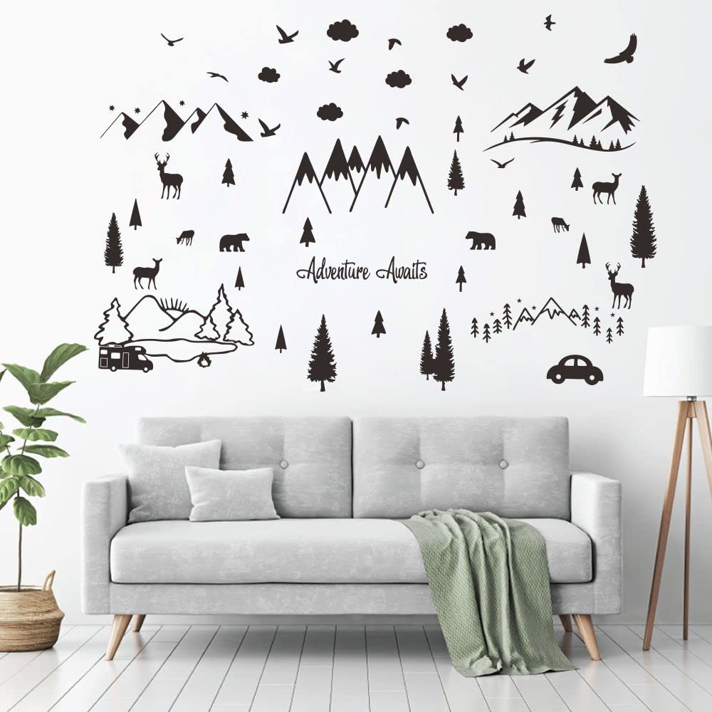 ANFRJJI Forest Theme Wall Decals - Dreamy Forest with Pine Tree, Deer, and Bears - Wild Mountain & Jungle RV Camping Wall Sticker - Adventure Awaits Wall Art | PVC Removable Wall Decals for Children's Room Decor effect 27"x38" Inches JWH206 (black RV camp