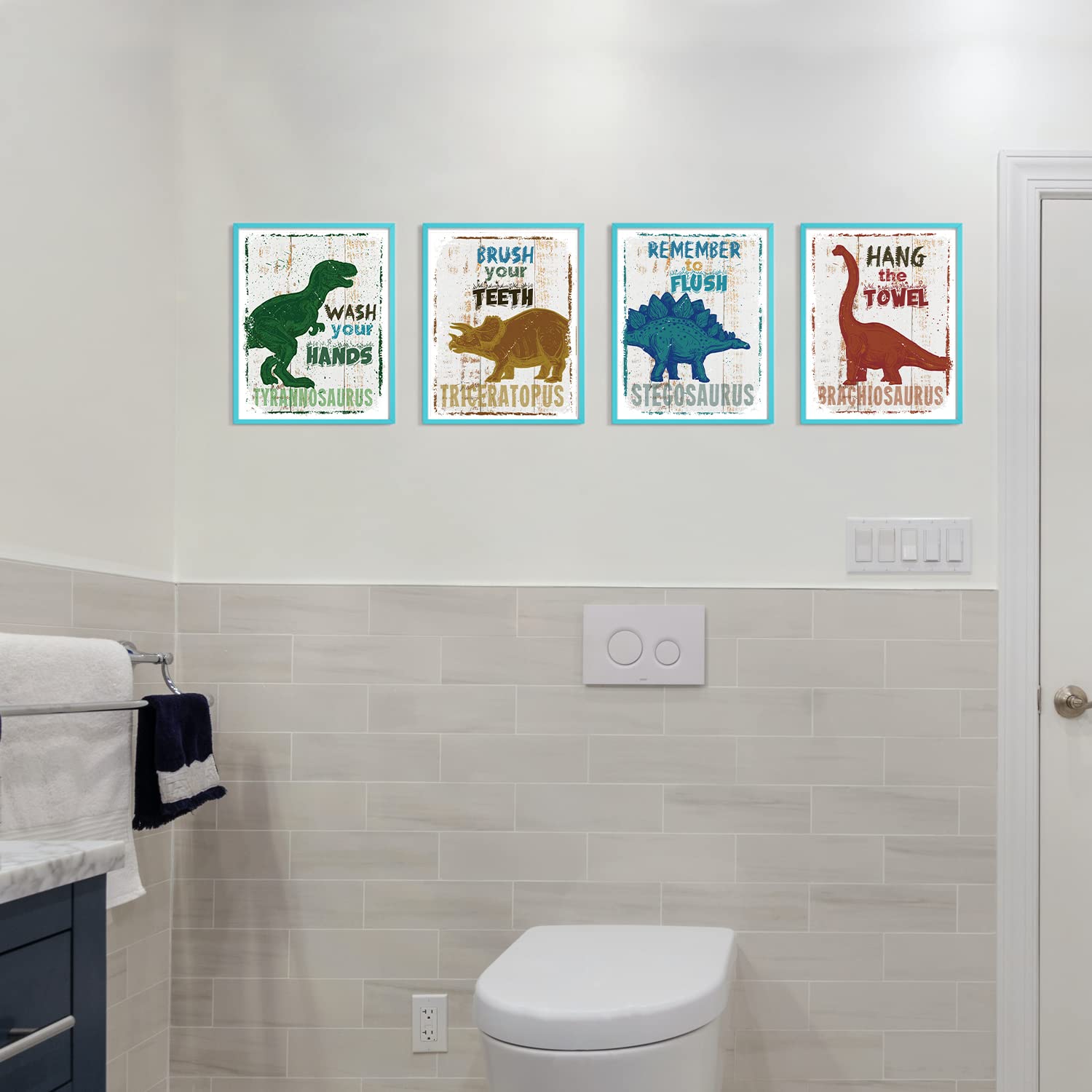 Dinosaur Room Decor for Boys Posters, Dinosaur Wall Decor Prints, Motivational Quote Room Decor, Dinosaur Photo Pictures for Kids Boys Nursery Bedroom Decorations(4 Pcs 8” X10”) (Bathroom)