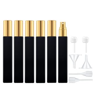 lil ray 10ml glass spray bottle refillable perfume atomizer for men & women. portable fragrance bottle for travel,party. squared shape, coated surface, uv protection (6pcs,black&gold)