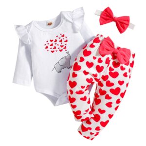 focici newborn baby girl clothes infant valentines day outfit elephant romper top heart pants headband 3pc set 0-3 months