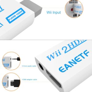 Eanetf Wii to HDMI Converter, Wii to HDMI 1080P with 5ft High Speed HDMI Cable Wii2 HDMI Adapter Output Video&Audio with 3.5mm Jack Audio, Support All Wii Display 720P, NTS