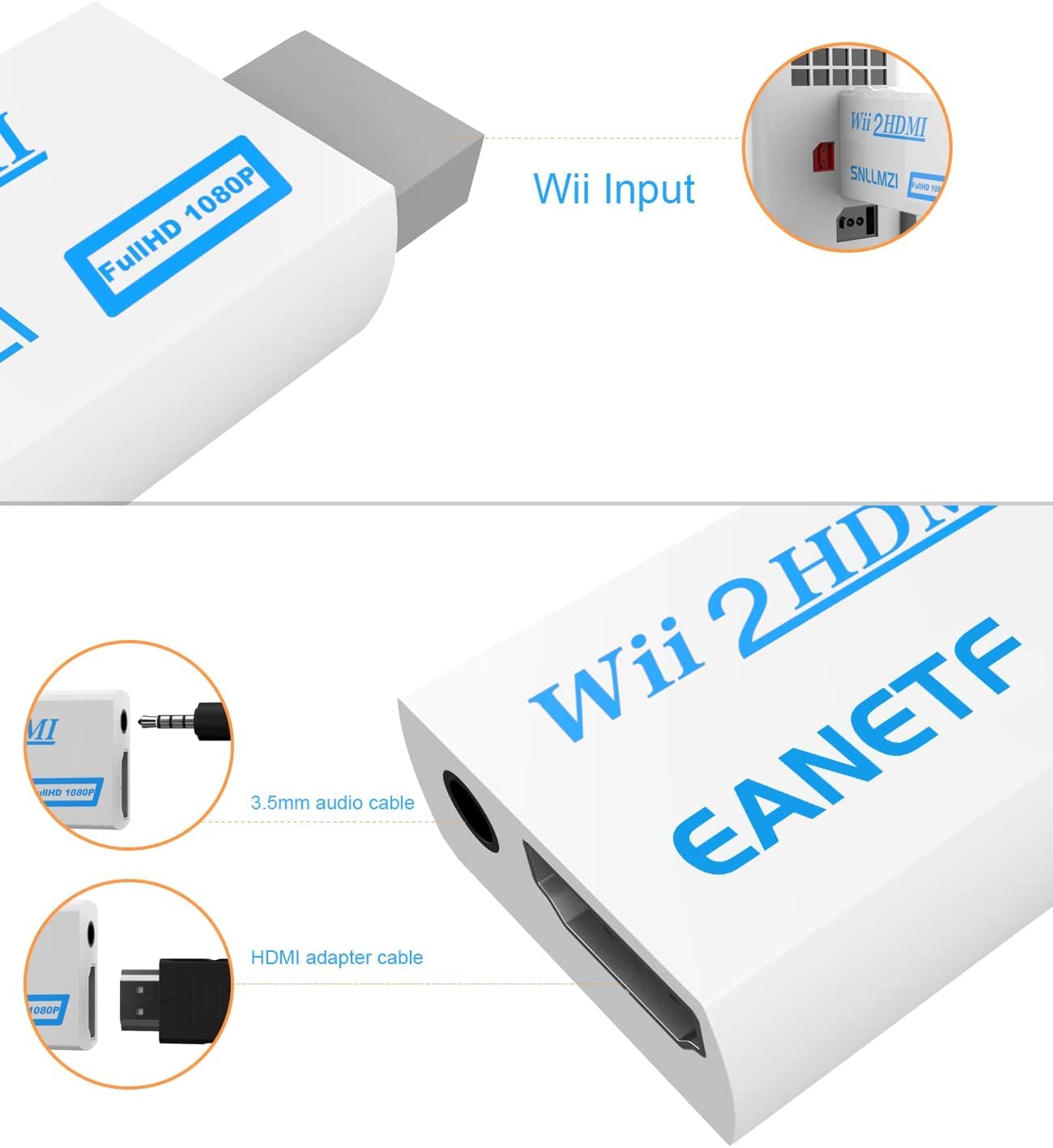 Eanetf Wii to HDMI Converter, Wii to HDMI 1080P with 5ft High Speed HDMI Cable Wii2 HDMI Adapter Output Video&Audio with 3.5mm Jack Audio, Support All Wii Display 720P, NTS