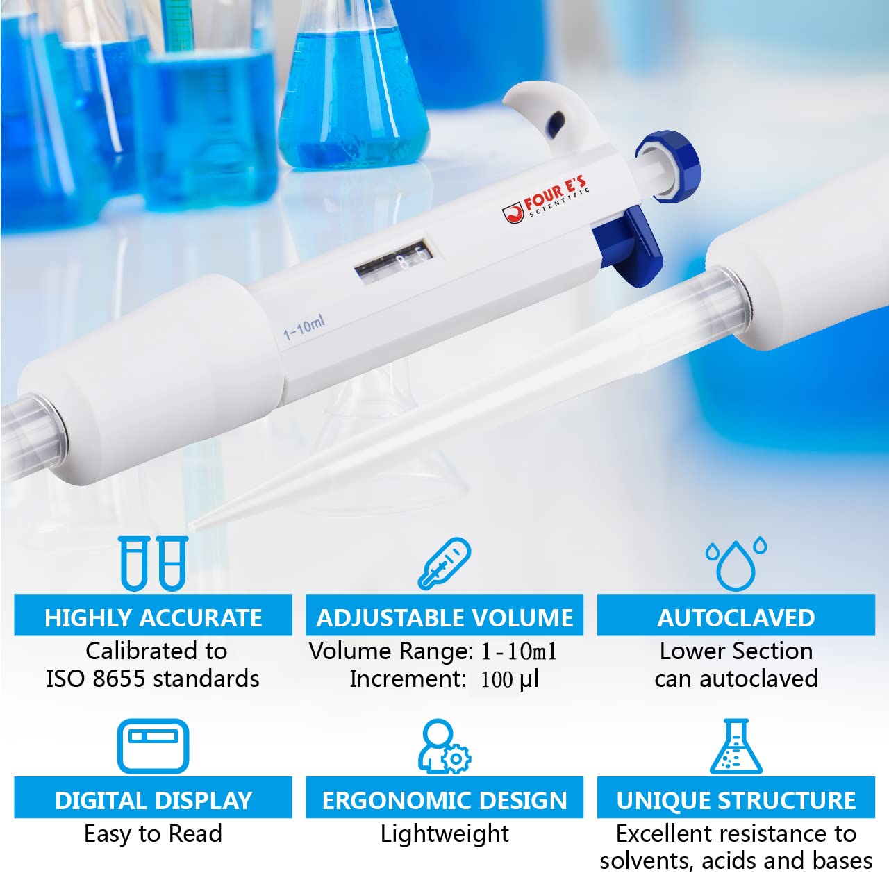 FOUR E'S SCIENTIFIC 1-10ML Single-Channel Pipettor with 24pcs 10ml Tips