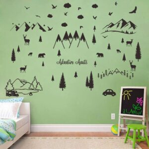 ANFRJJI Forest Theme Wall Decals - Dreamy Forest with Pine Tree, Deer, and Bears - Wild Mountain & Jungle RV Camping Wall Sticker - Adventure Awaits Wall Art | PVC Removable Wall Decals for Children's Room Decor effect 27"x38" Inches JWH206 (black RV camp