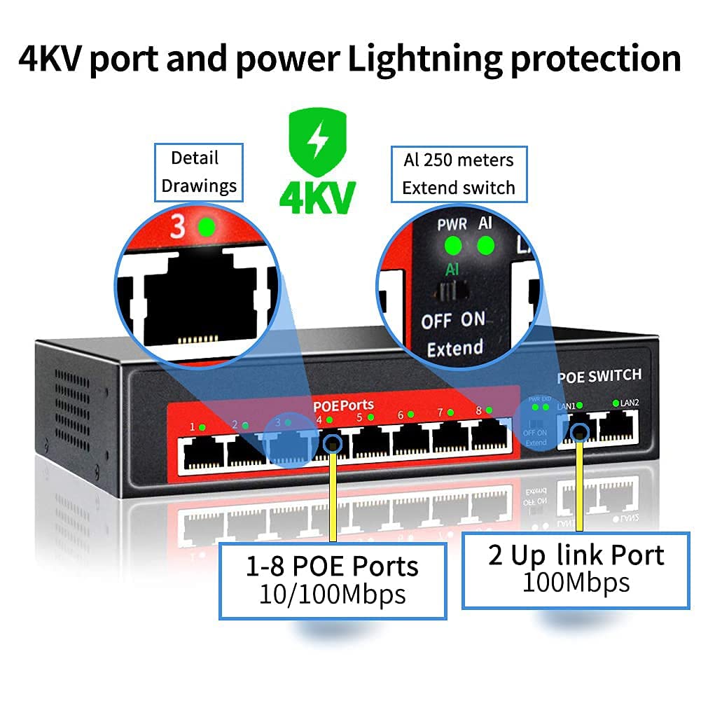 STEAMEMO 8 POE Ports Switch + 8 Port AI PoE+ Switch, 802.3af/at @ 100W Built-in Power, Unmanaged Poe Switch, Metal Plug and Play